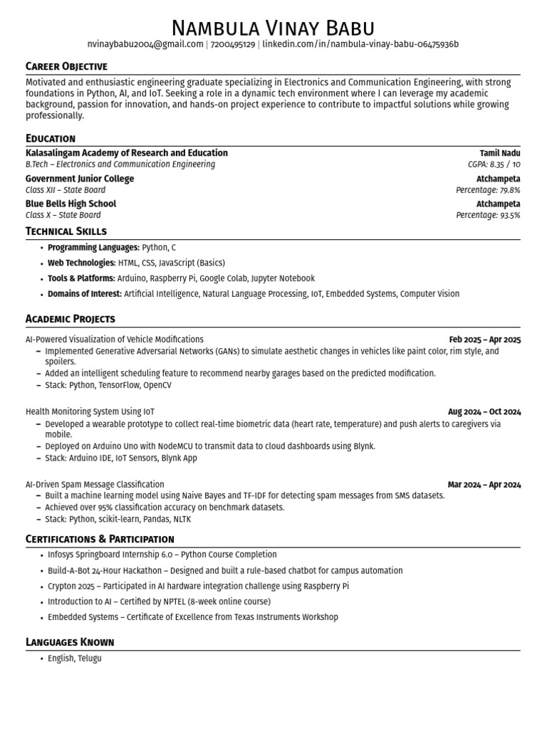 Vinay Babu Nambula Resume | PDF | Internet Of Things | Artificial Intelligence