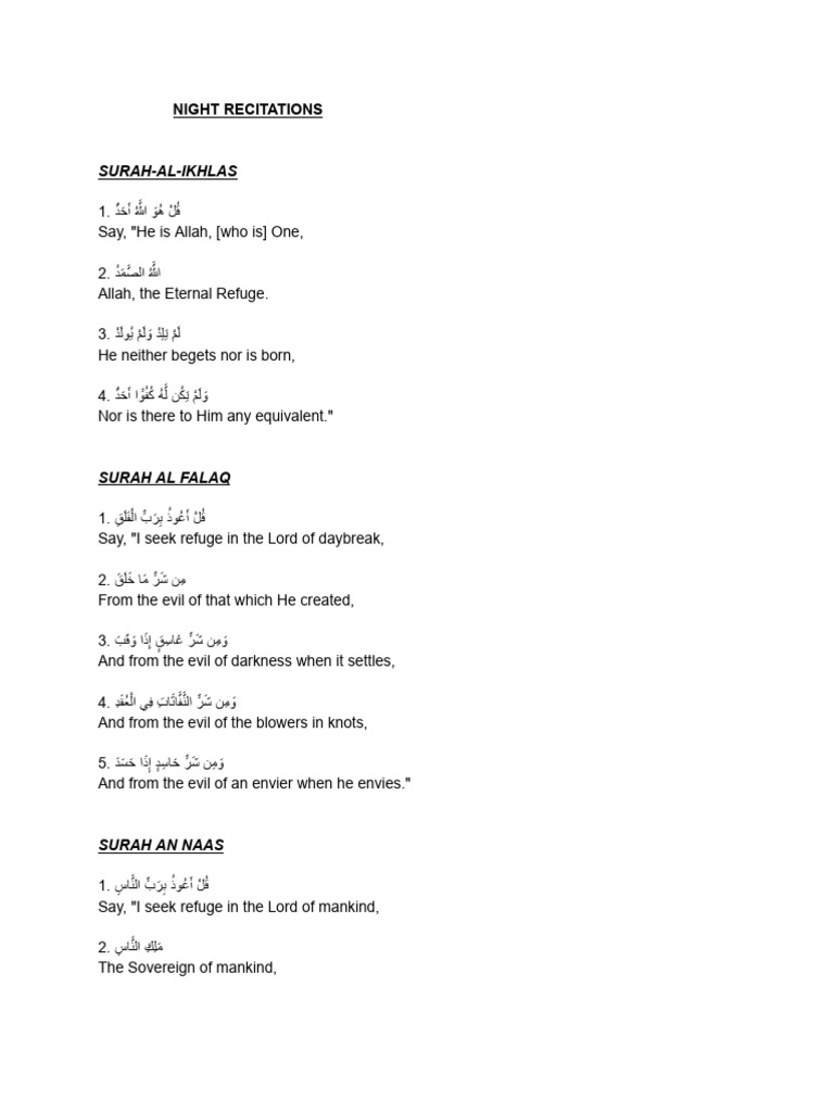 Night Recitations: Key Surahs & Verses | PDF | Theology | Religious ...