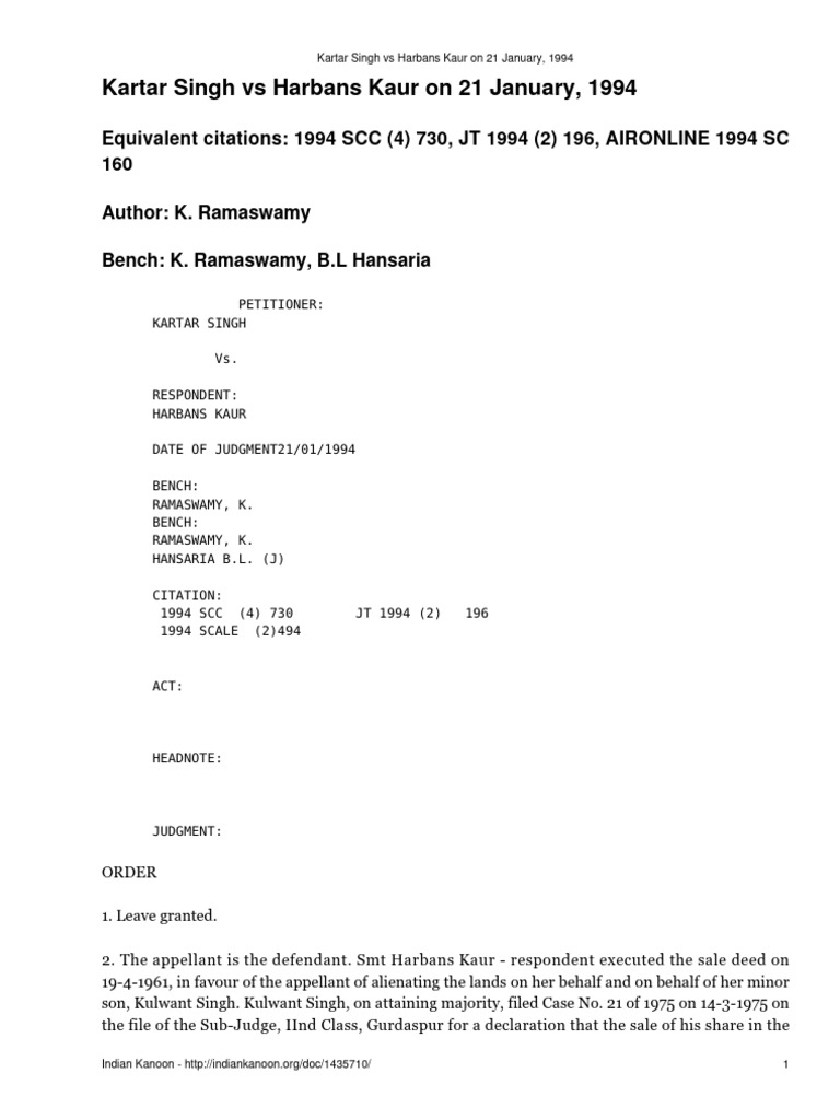 Kartar Singh Vs Harbans Kaur On 21 January 1994 | PDF | Deed | Estoppel