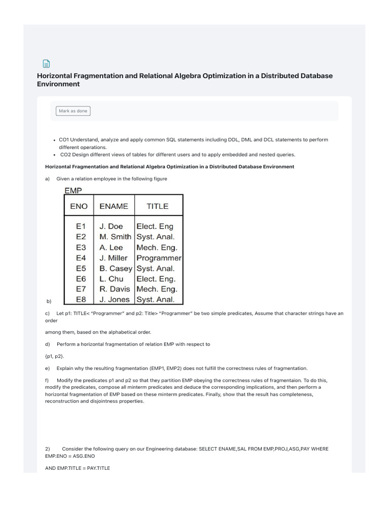 Horizontal Fragmentation and Relational Algebra Optimization in A Distributed Database ...