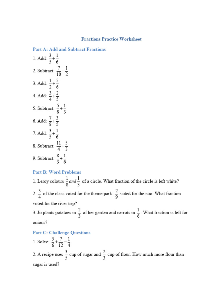 Add/Subtract Fractions Worksheet | PDF