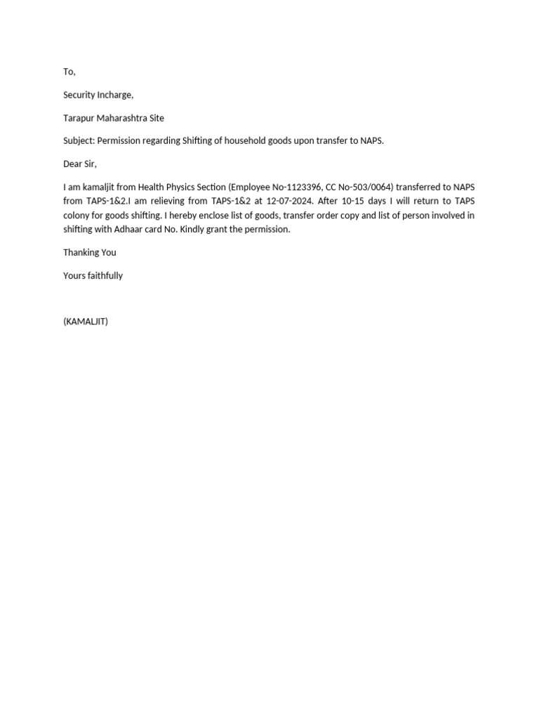 Request for Household Goods Shifting Permission | PDF