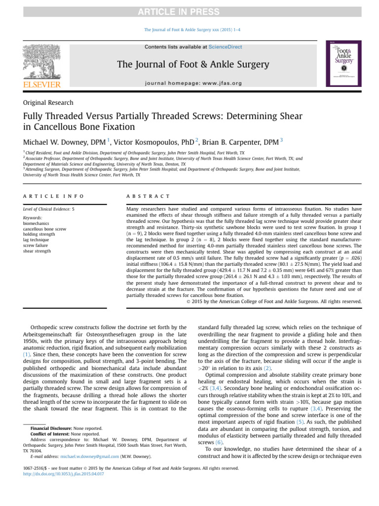 Fully vs Partially Threaded Screws in Bone | PDF | Screw | Strength Of ...
