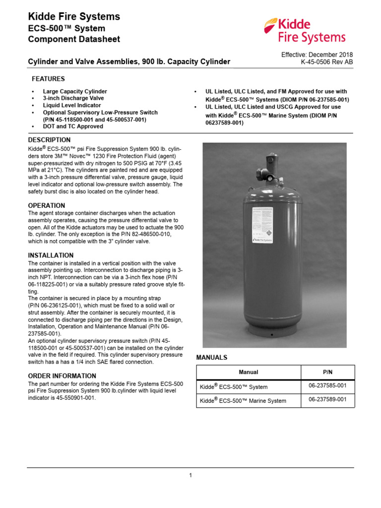 Kidde ECS 500 Psi With FK-5!1!12 Fire Protection Fluid Cylinder and ...