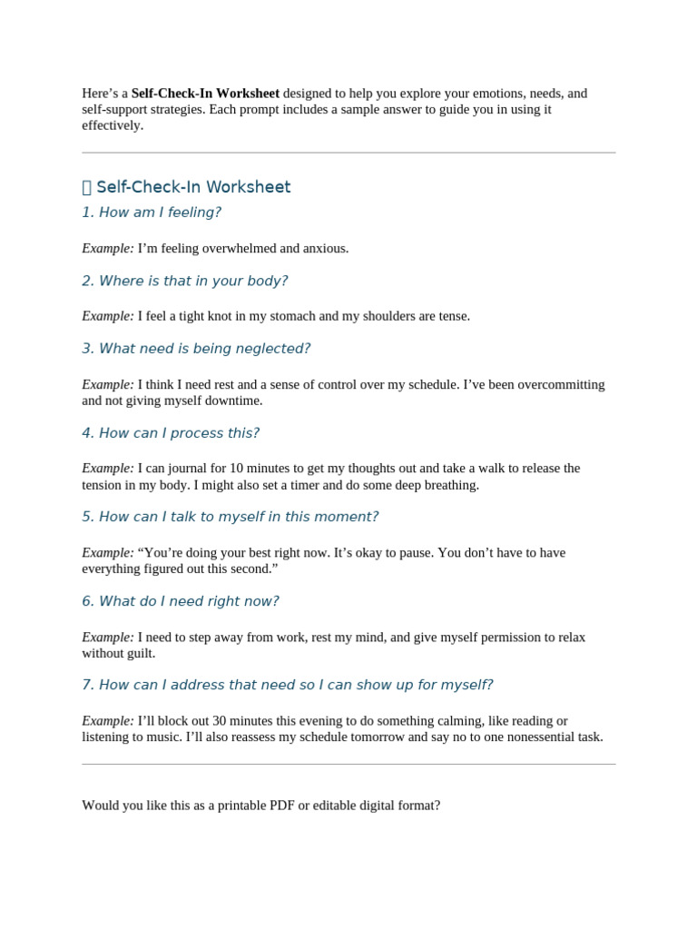 Self-Check-In Worksheet for Emotional Awareness | PDF
