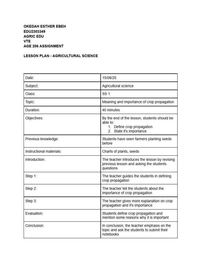 Crop Propagation Lesson Plan | PDF