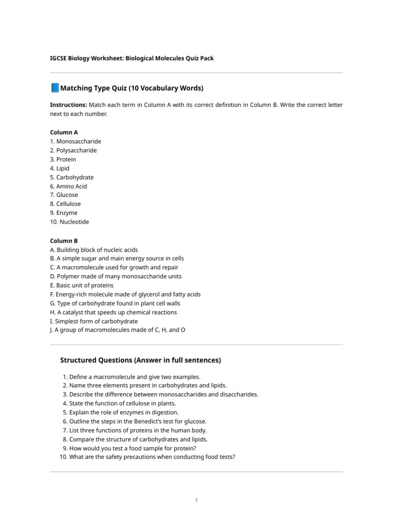 Biomolecules Quiz | PDF | Carbohydrates | Glucose