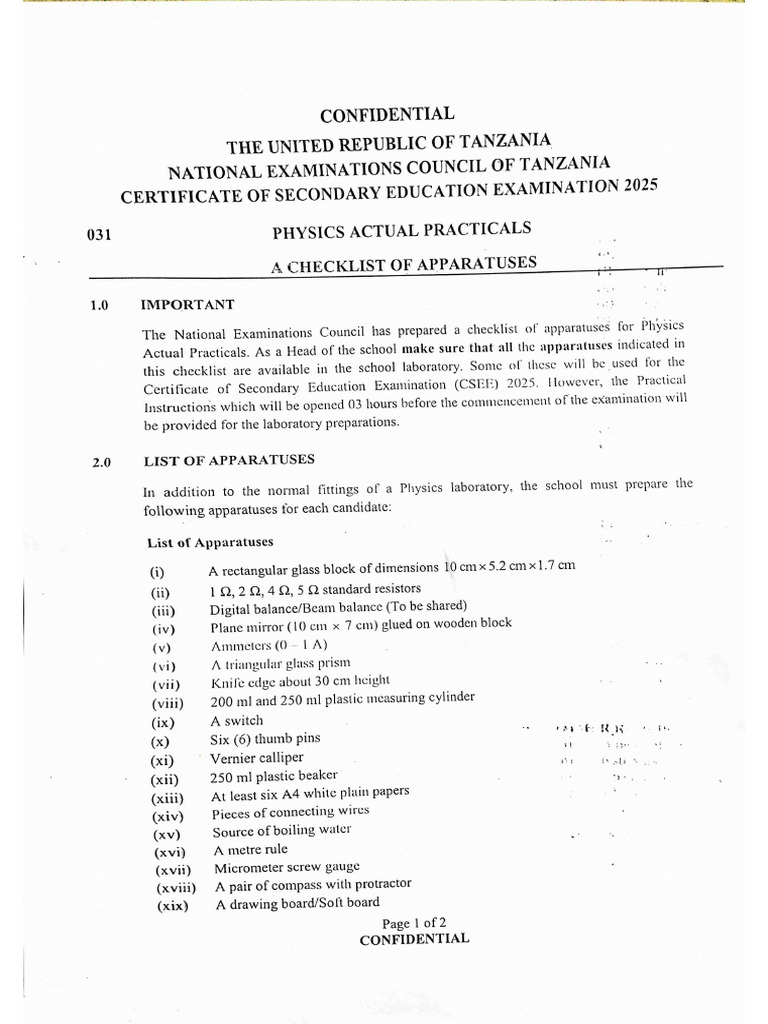 Necta Physics Checklist 2025 | PDF