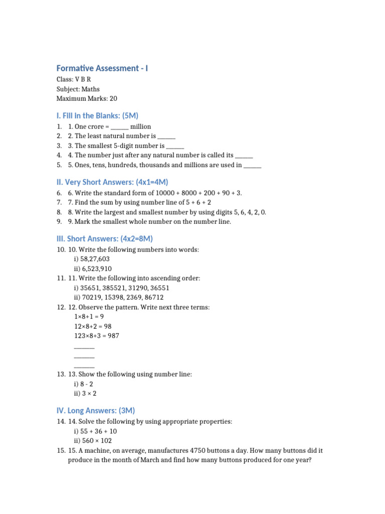 Maths Formative Assessment for Class V B R | PDF