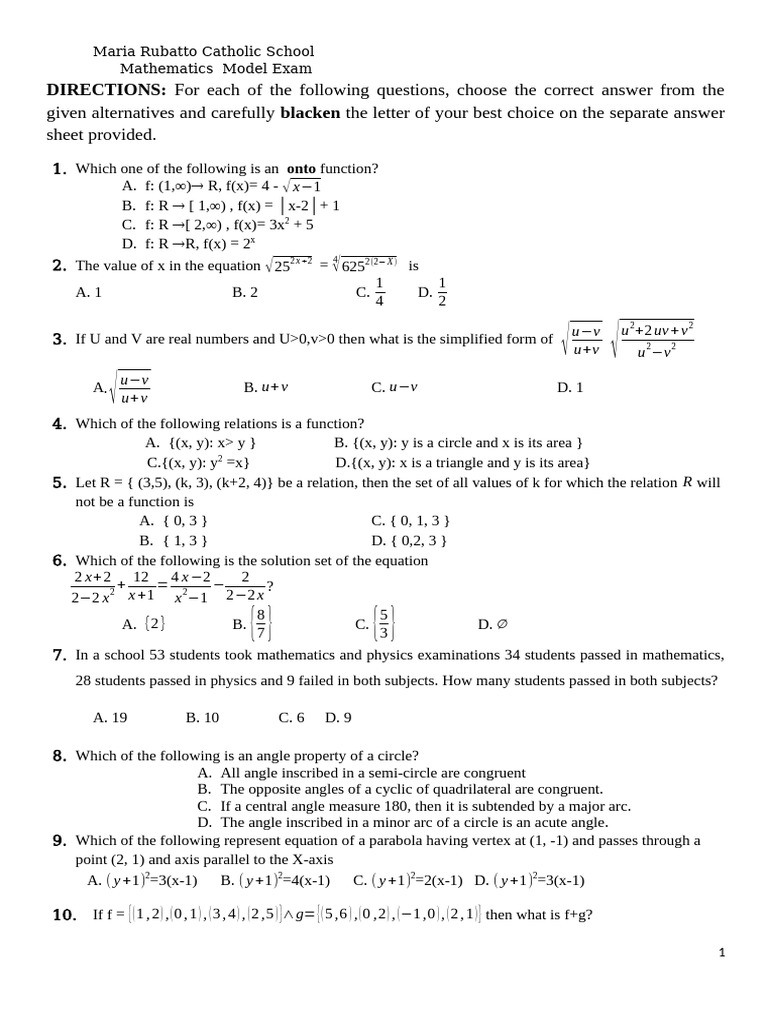 Mathematics Model Exam for Students | PDF | Angle | Circle