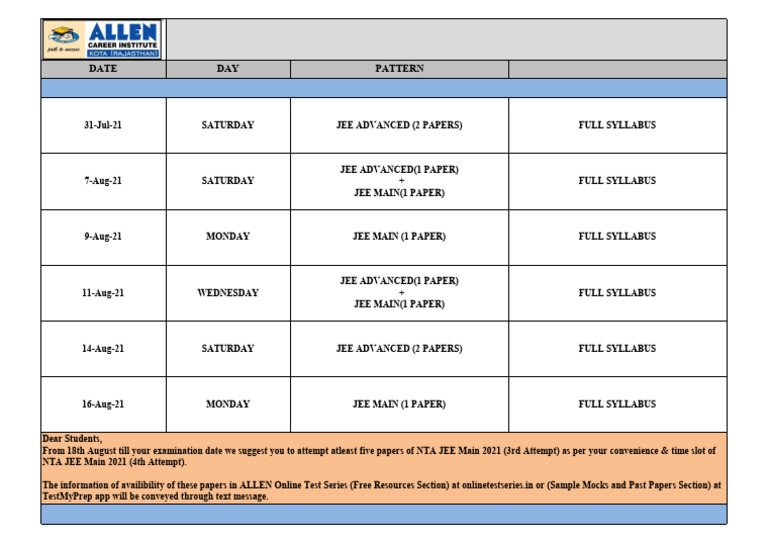 JEE Main & Advanced Exam Schedule 2021 | PDF