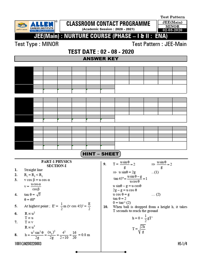 ALLEN CCP JEE MAIN Nurture Minor Test-2 Solution 02.08.20 | PDF ...