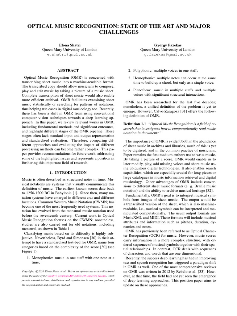 Optical Music Recognition State of The Art and Major Challenges | PDF ...