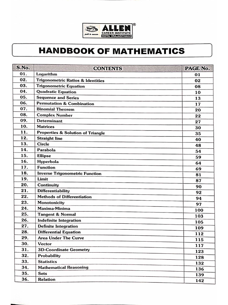 Handbook of Mathematics (JEE) | PDF