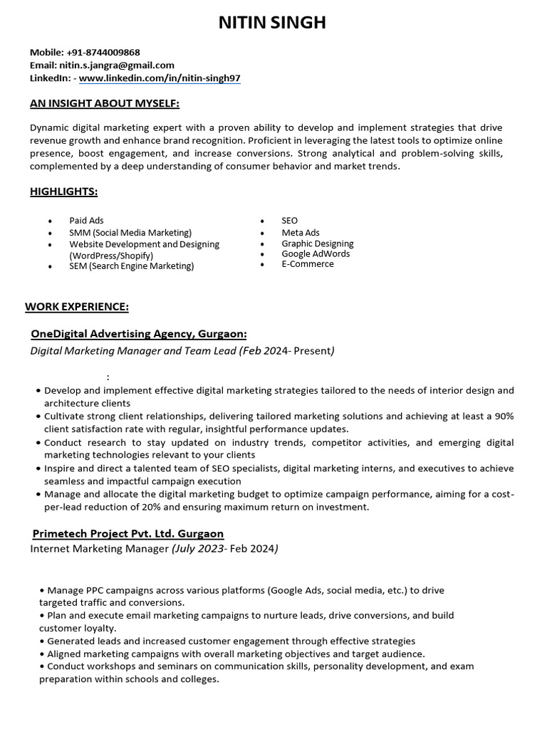 Resume 2 Nitin Digital Marketing | PDF | Digital Marketing | Search Engine Marketing