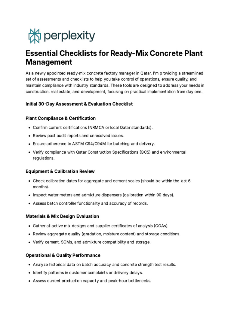 Essential Checklists For Ready-Mix Concrete Plant | PDF | Concrete