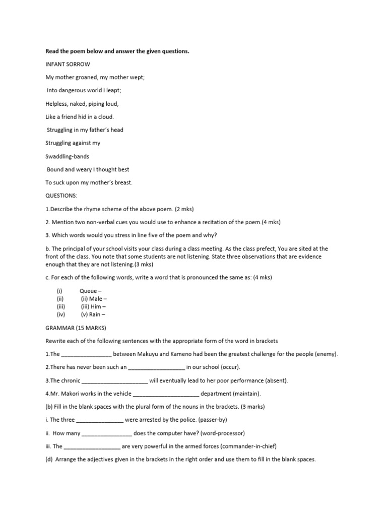 Form 2 August Holiday Assignment. | PDF | Narrative | Poetry
