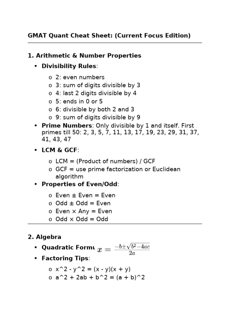 GMAT Quant Cheat Sheet Overview | PDF | Prime Number | Factorization
