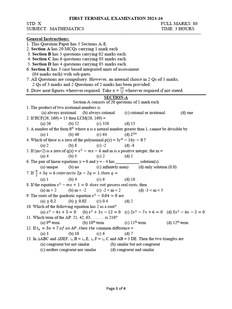 Mathematics Terminal Exam Paper 2023-24 | PDF | Numbers | Rational Number
