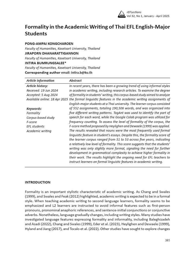 Formality in The Academic Writing of Thai EFL English-Major | PDF ...
