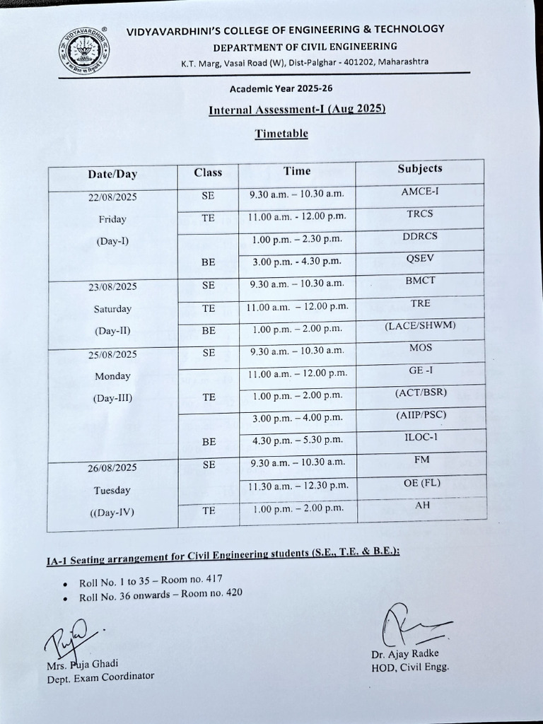 Civil Engineering Internal Assessment Timetable | PDF