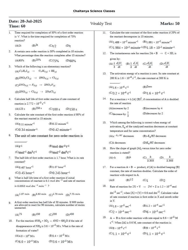 Chemical Kinetics 50 Marks | PDF | Reaction Rate | Reaction Rate Constant