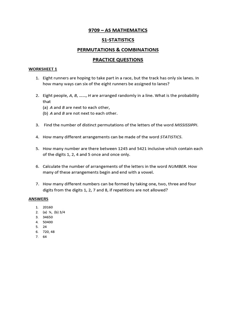 9709 S1 Permutations & Combinations Worksheets | PDF | Mathematics