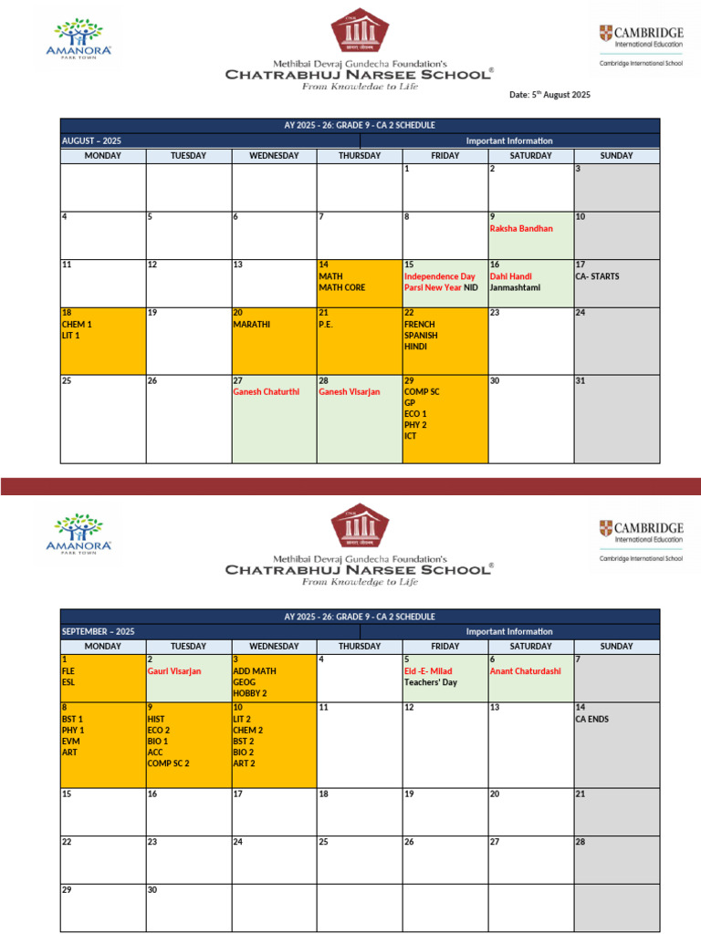 Grade 9 CA 2 Schedule 2025-26 | PDF | Hindu Worship | Religious Holidays