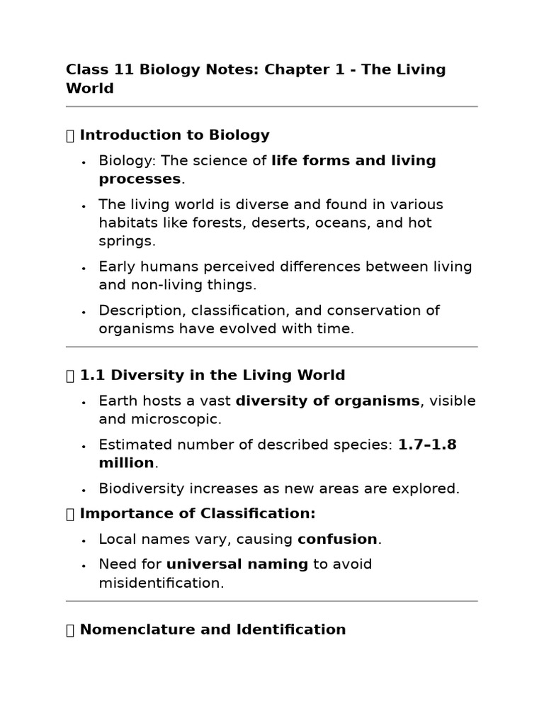 Class 11 Biology Notes of Ch1 The Living World | PDF | Taxonomy ...