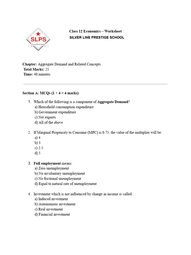 Class 12 Economics: Aggregate Demand Worksheet | PDF