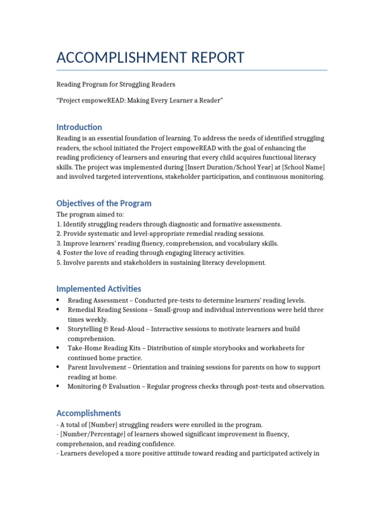 Accomplishment Report Project EmpoweREAD | PDF | Reading Comprehension ...