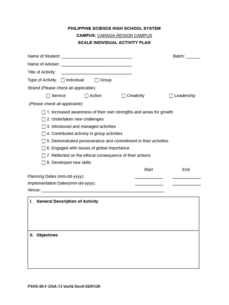 SCALE Individual Activity Plan PSHS | PDF | Risk
