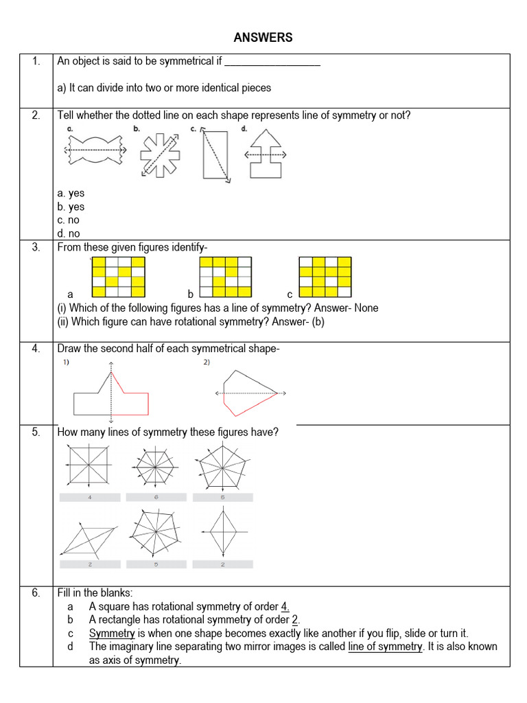 Answers Reflective and Rotational Symmetry | PDF