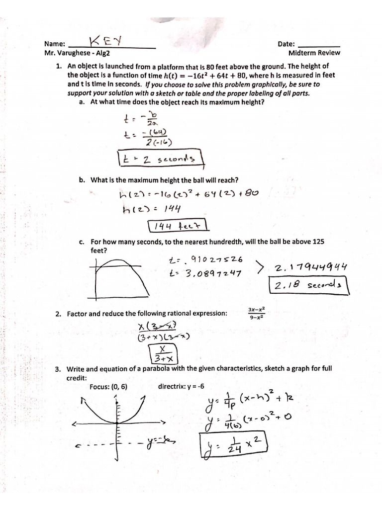 Algebra 2 Midterm Review 1 Key | PDF