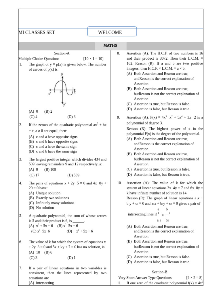 Maths MCQs and Problem Solving Guide | PDF | Polynomial | Quadratic ...