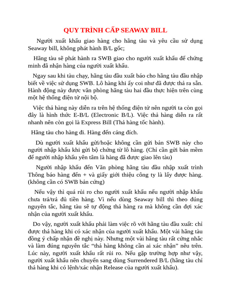 Quy Trình Cấp Seaway Bill | PDF