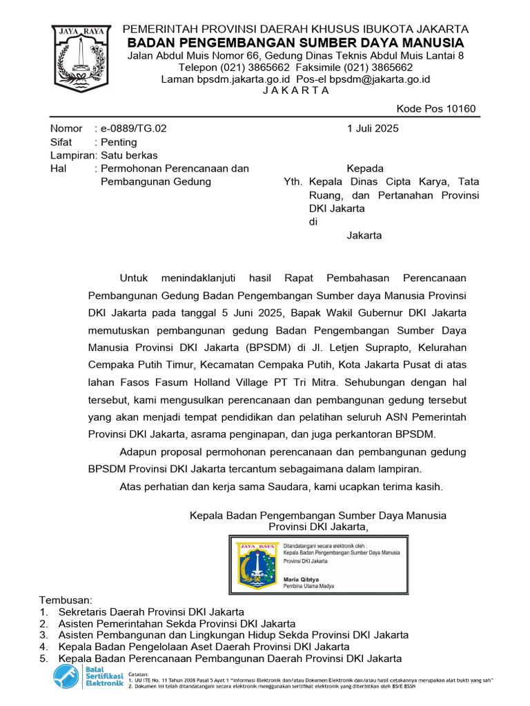 Permohonan Pembangunan Gedung BPSDM DKI | PDF