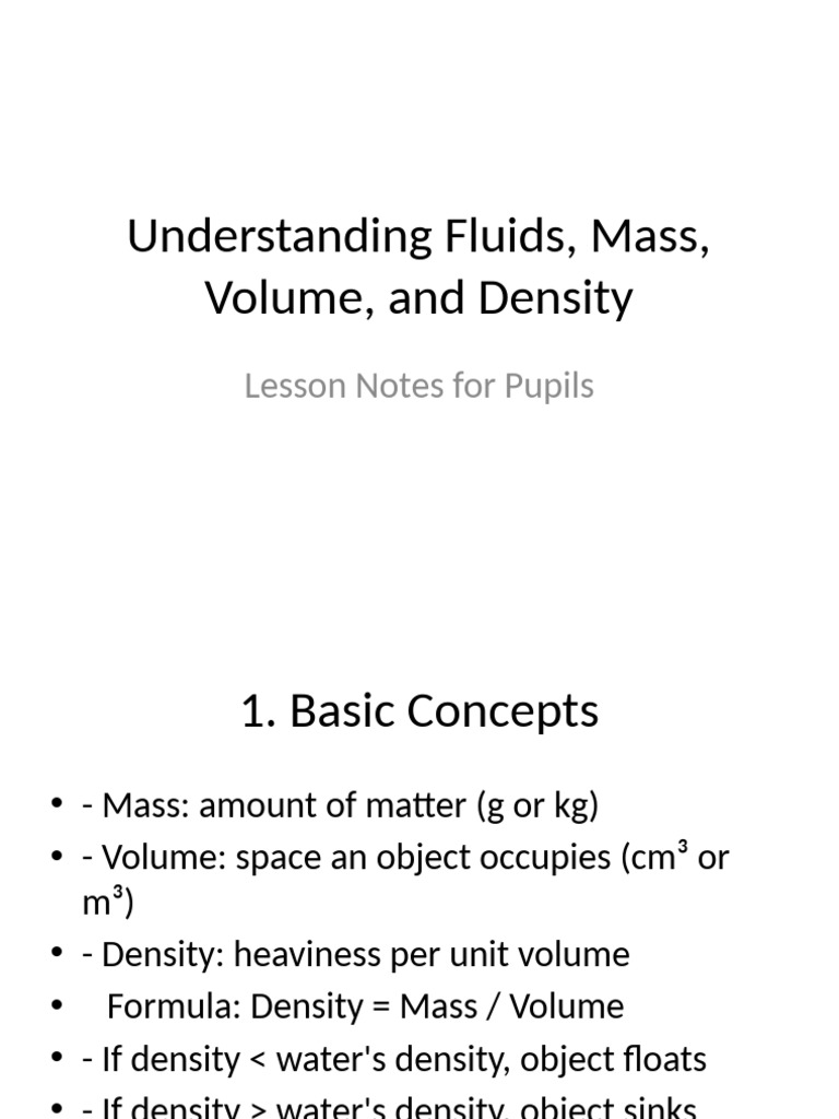 Fluids Mass Volume Density Lesson | PDF