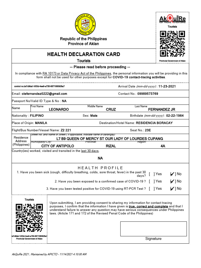Health Declaration Card for Tourists | PDF
