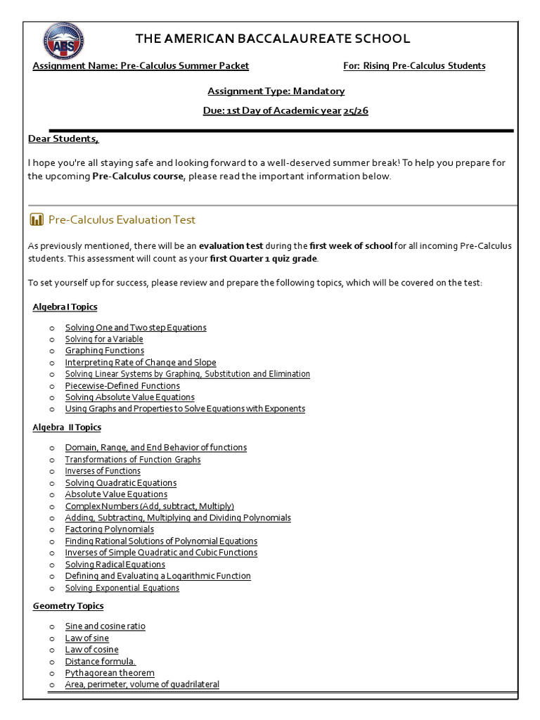 PreCalculus Summer Packet 2025 - Part I & II | PDF | Polynomial | Equations