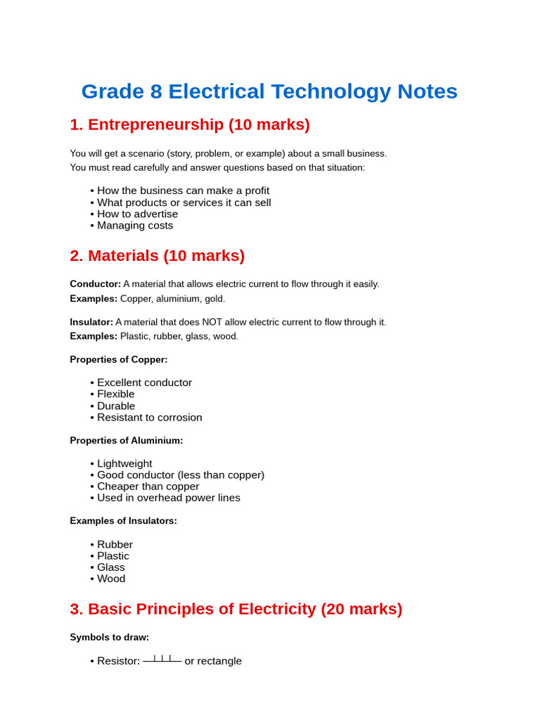 Grade 8 Electrical Technology Notes | PDF