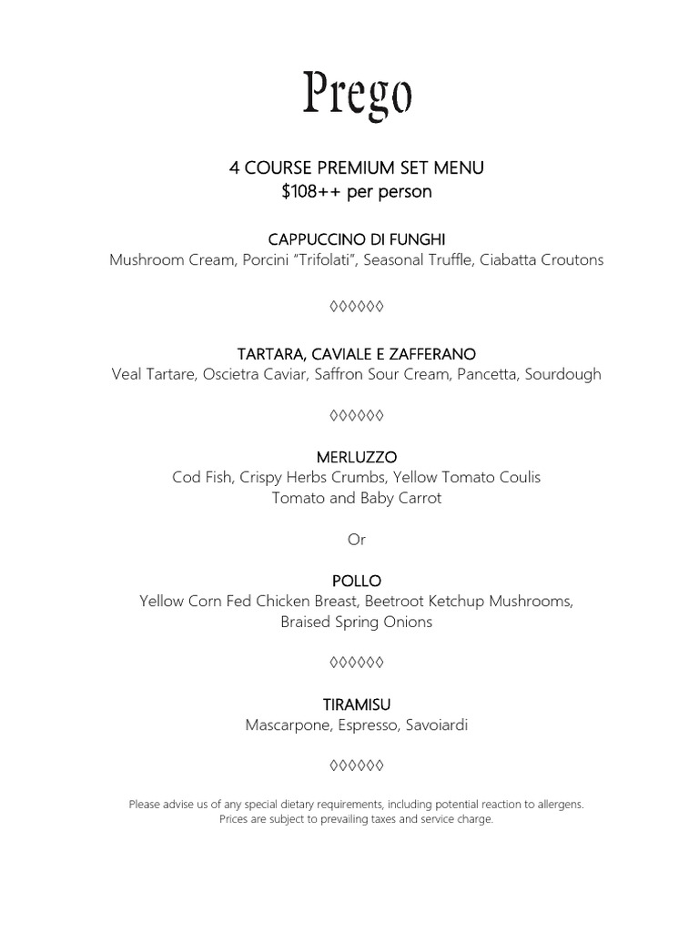 Prego 4 Course Premium Set Menu | PDF