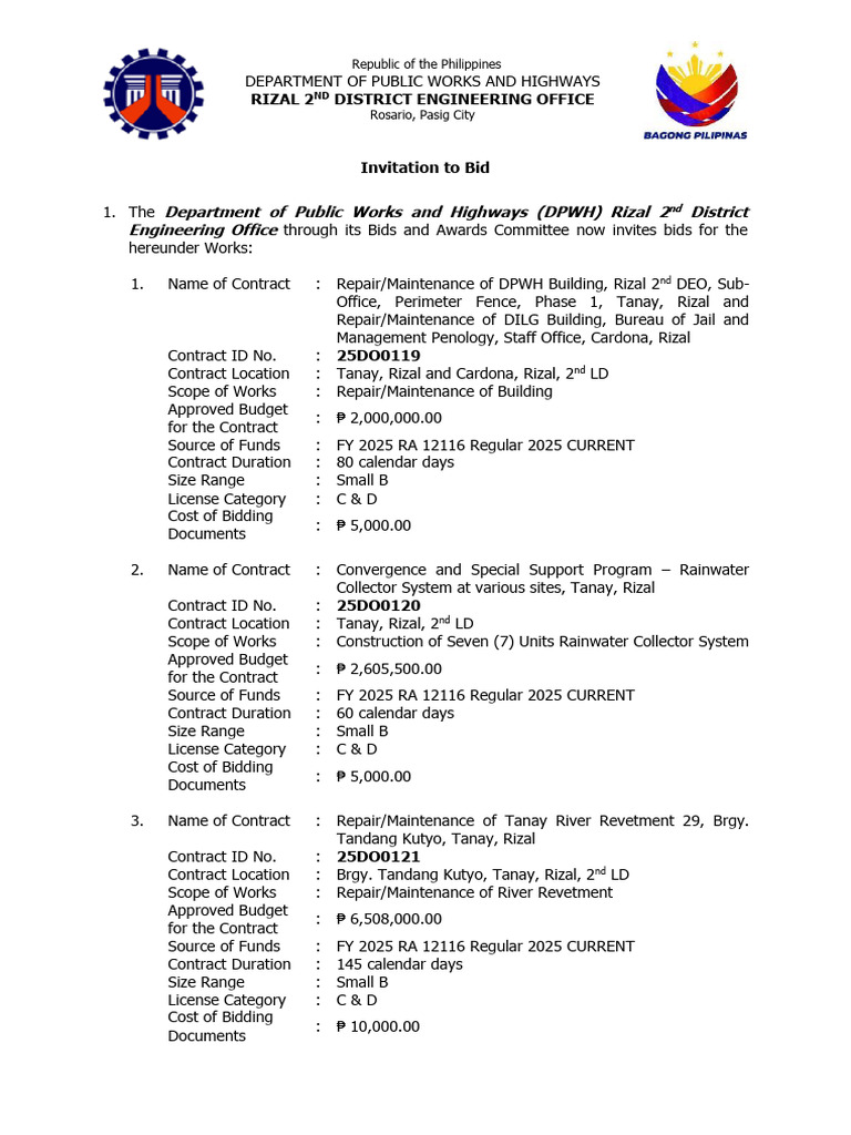 DPWH Rizal 2nd District Bid Invitation | PDF