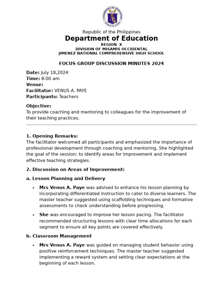 Obj.12 - FGD Minutes Quarter 1 | PDF | Mentorship | Teachers