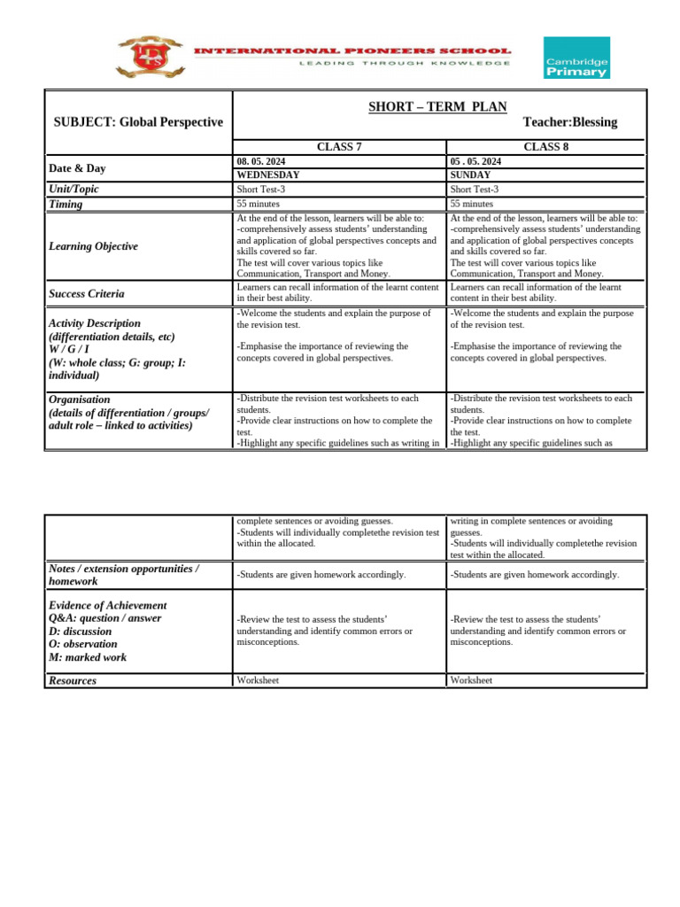 Global Perspective Grade 7 & 8 Short Plan 05 May - 09 May 24 | PDF ...