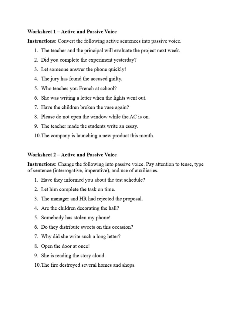 Worksheet 1 - Active and Passive Voice Instructions | PDF