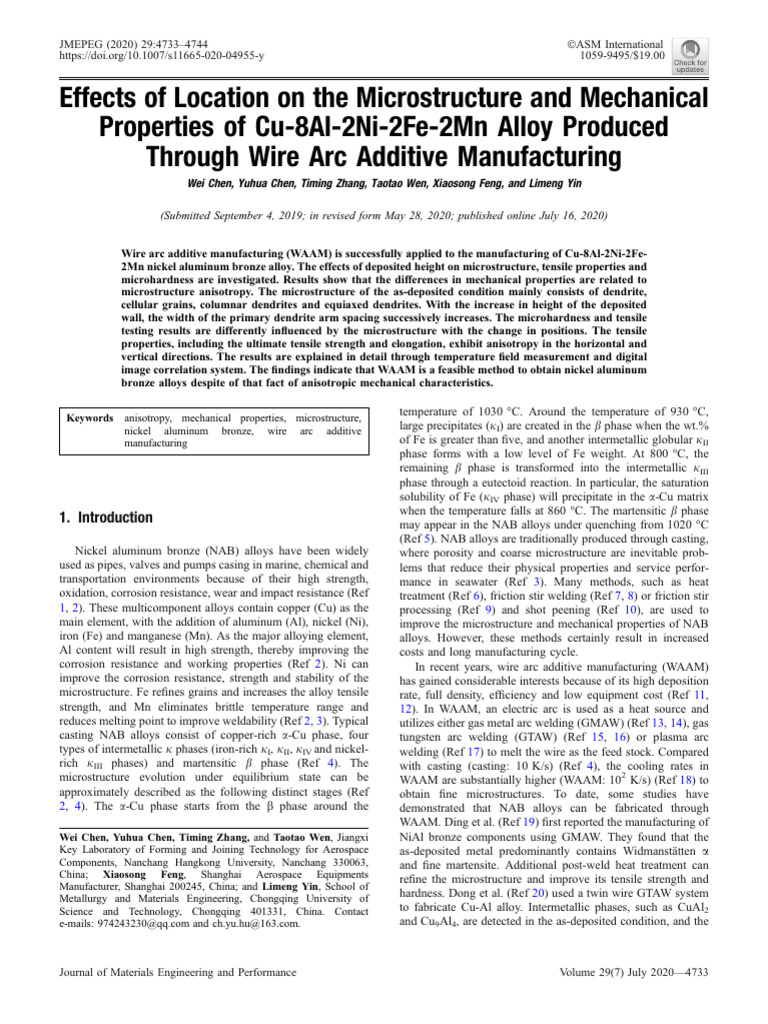 Effects of Location on the Microstructure and Mechanical Properties of Cu8Al2Ni2Fe2Mn Alloy ...