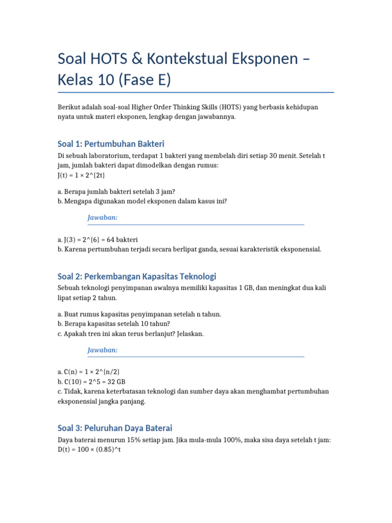 Soal HOTS Eksponen Kelas 10 dan Jawaban | PDF