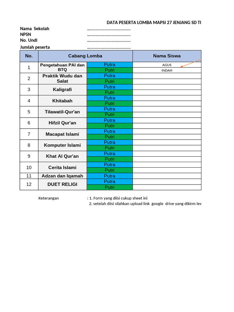 Form Pendaftaran Peserta Lomba Mapsi 27 Kec. Mijen | PDF