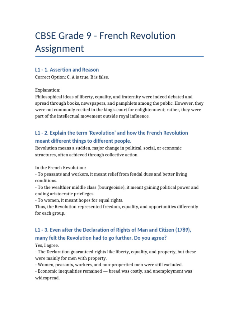 CBSE Grade9 French Revolution Assignment | PDF | French Revolution ...